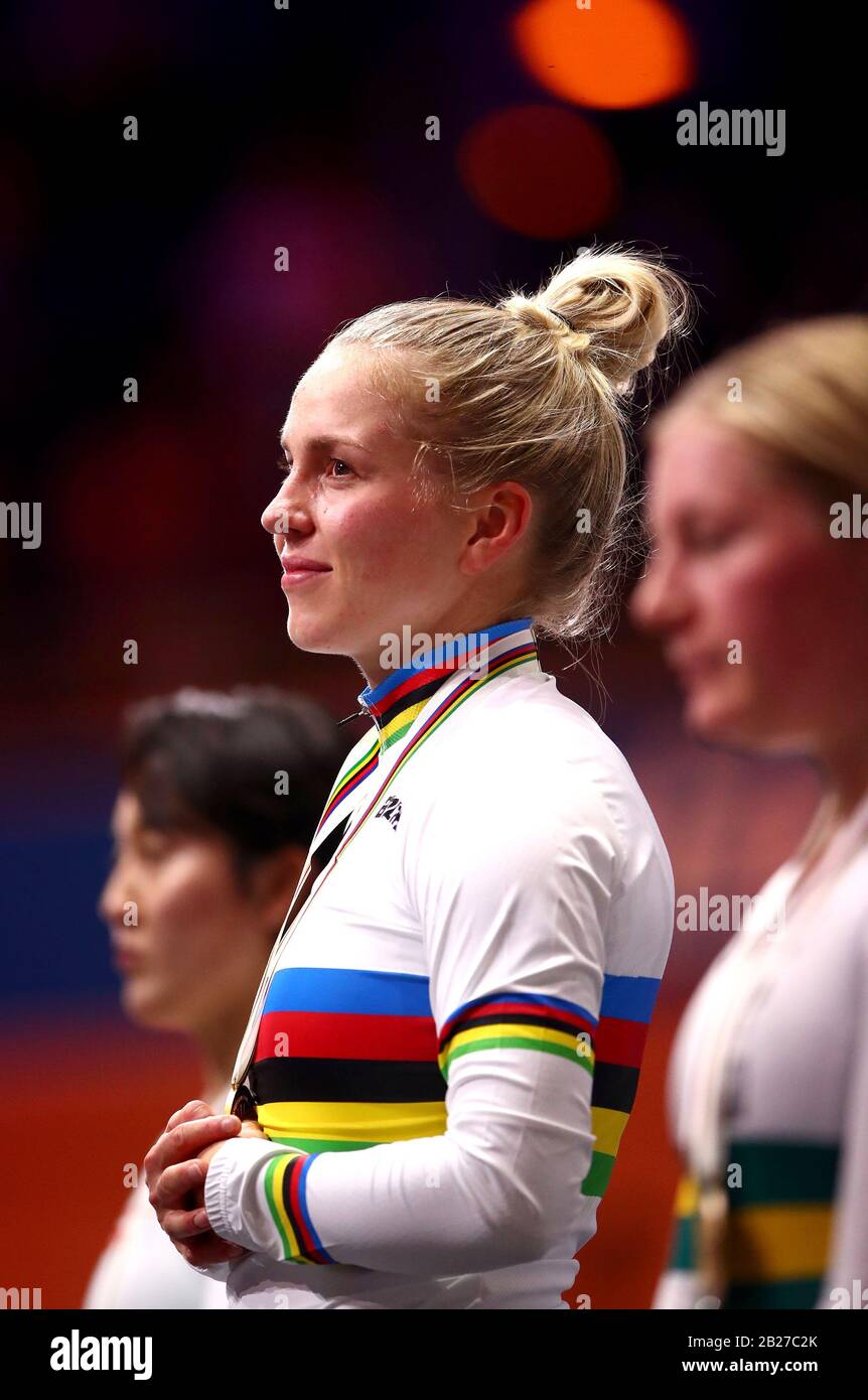 Germany's Emma Hinze with her gold medal in the keirin during day five ...