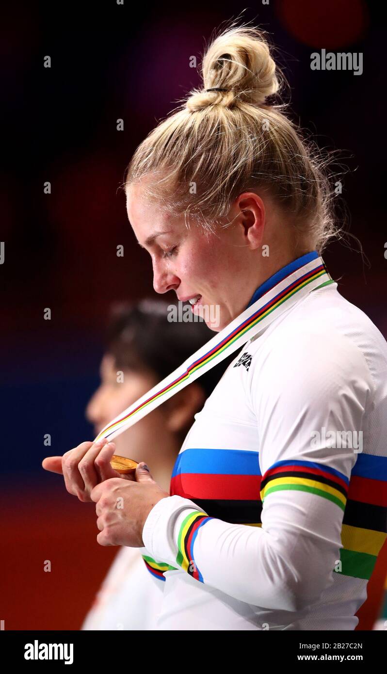 Germany's Emma Hinze with her gold medal in the keirin during day five ...
