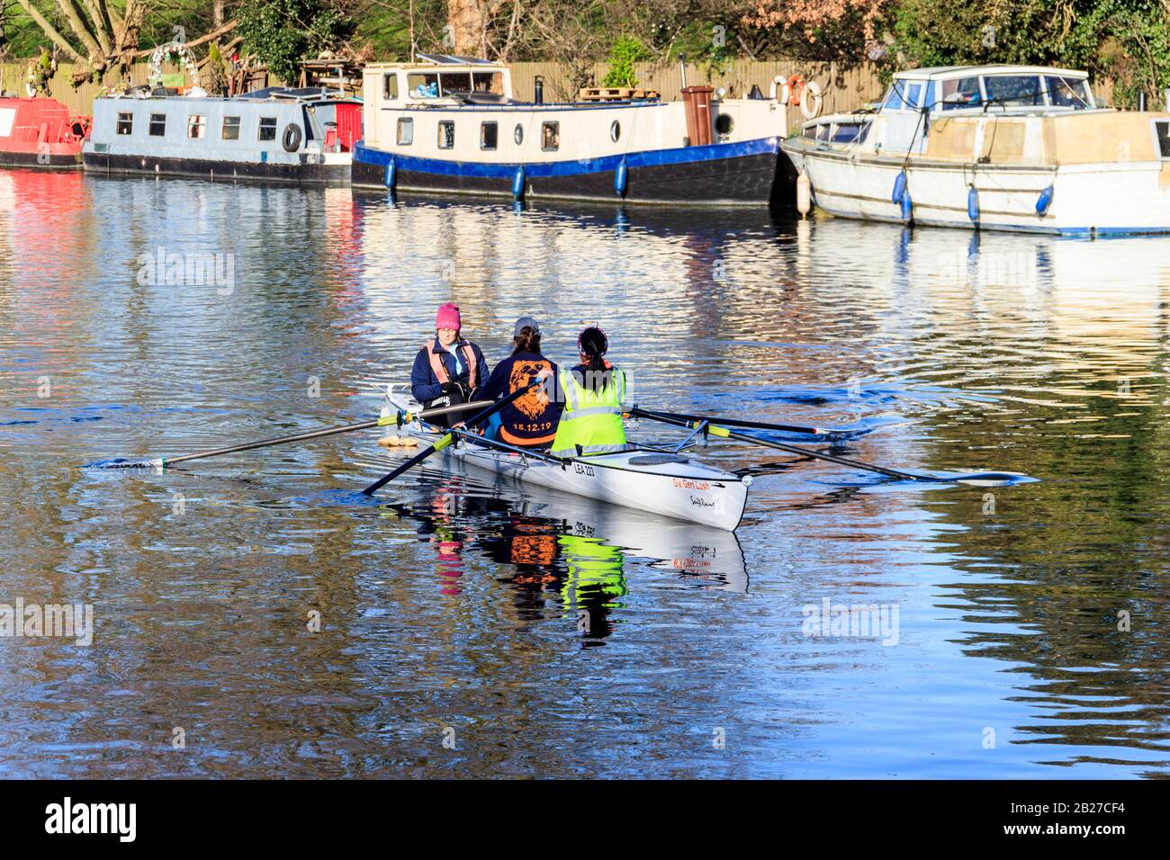 Female coxed pairs rowing on the River Lea at Upper Clapton, London, UK ...