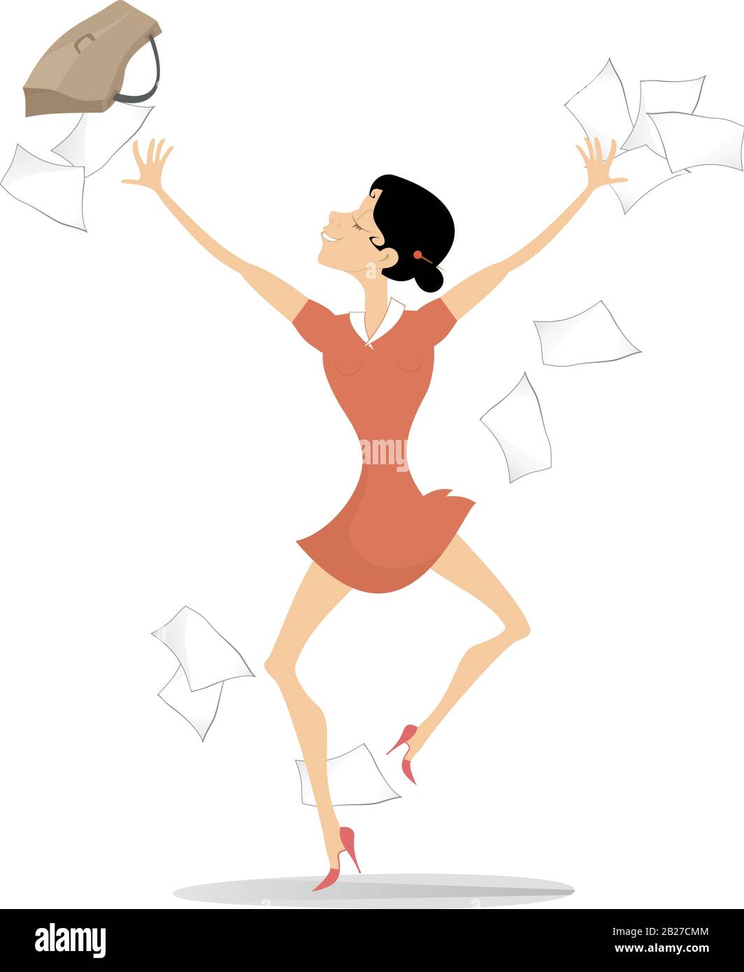Happy businesswoman tossing papers, excited about something ...