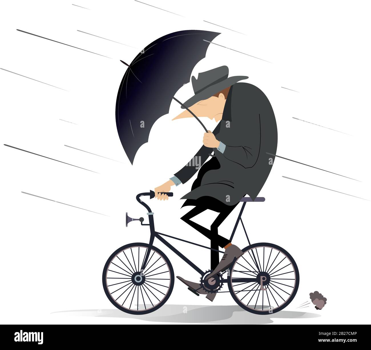 Man with an umbrella rides a bike under strong wind and rain isolated ...