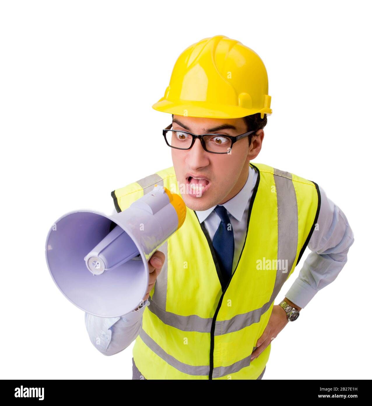The angry construction supervisor isolated on white Stock Photo - Alamy