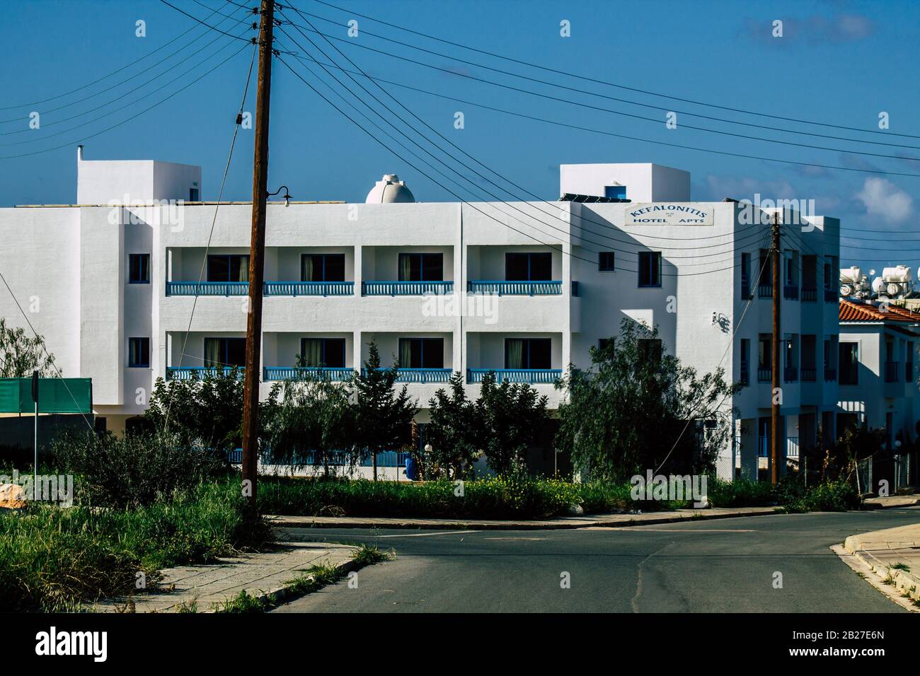 Paphos Cyprus February 29, 2020 View of a facade of a building in the ...