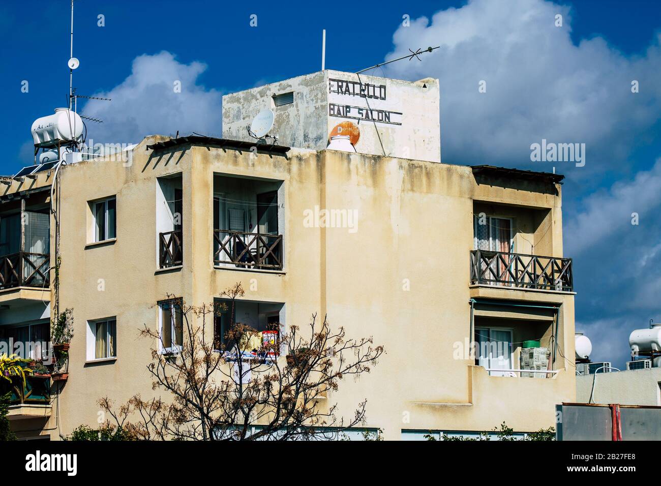 Paphos Cyprus February 29, 2020 View of a facade of a building in the ...