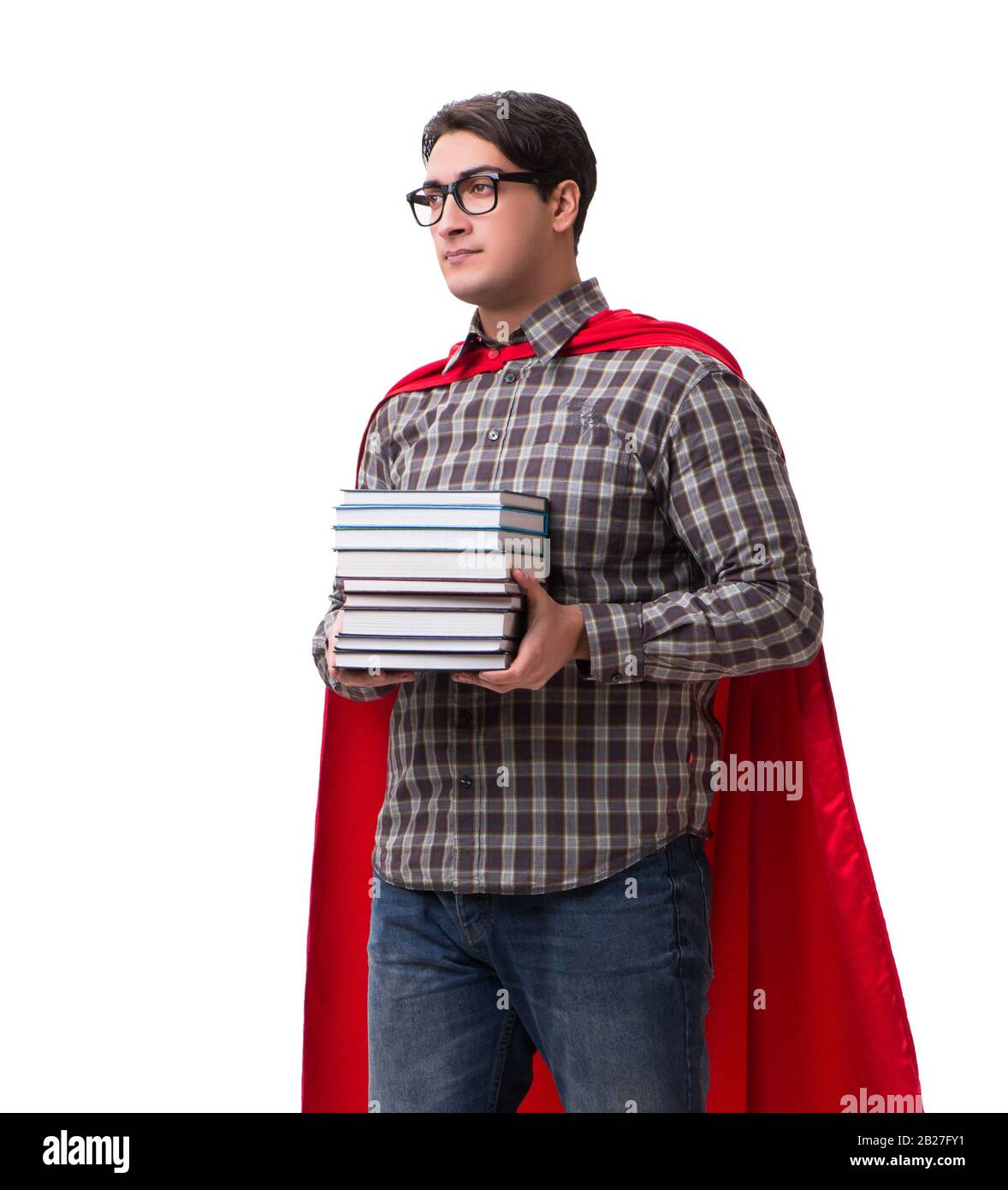 The super hero student with books isolated on white Stock Photo - Alamy