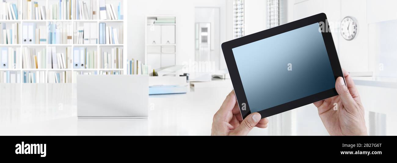 office business work concept, hand touch screen of digital tablet, web ...