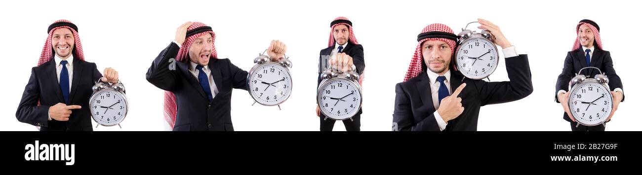 The arab man in time concept on white Stock Photo - Alamy