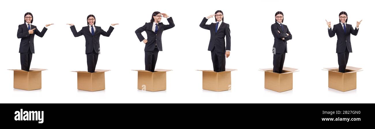 The man in thinking out of the box concept Stock Photo - Alamy