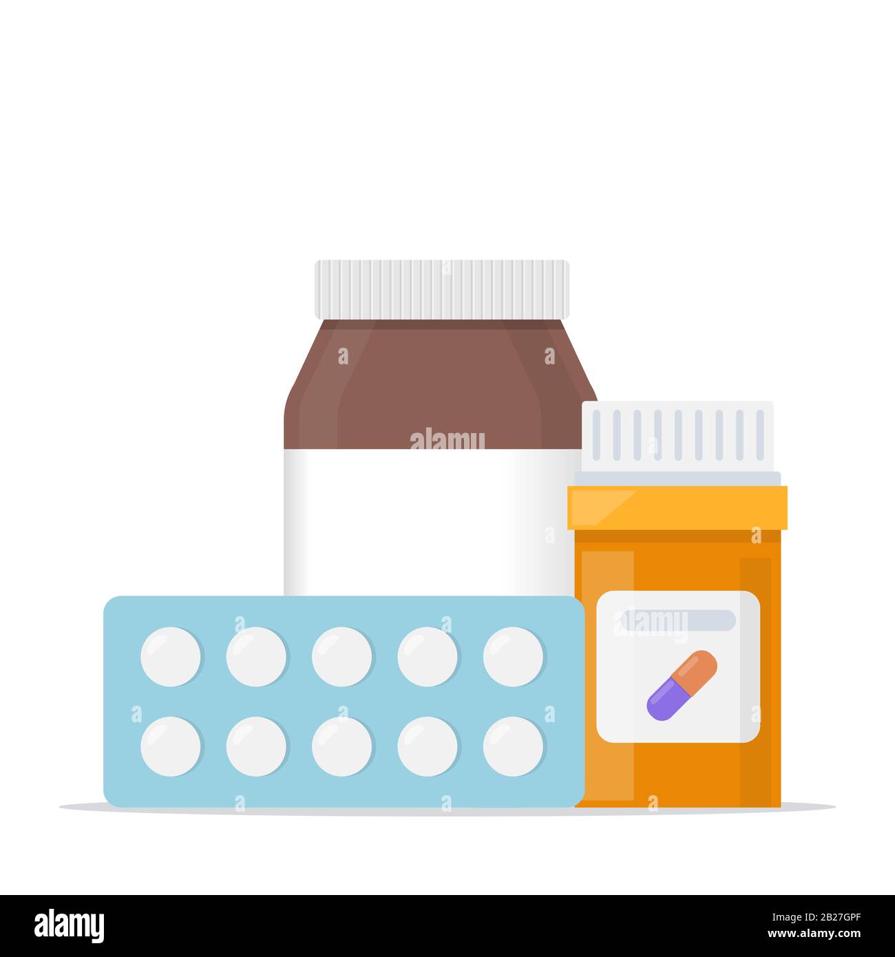 Medicine, pharmacy concept. Vials of medicines, tablets, capsules. Drug ...