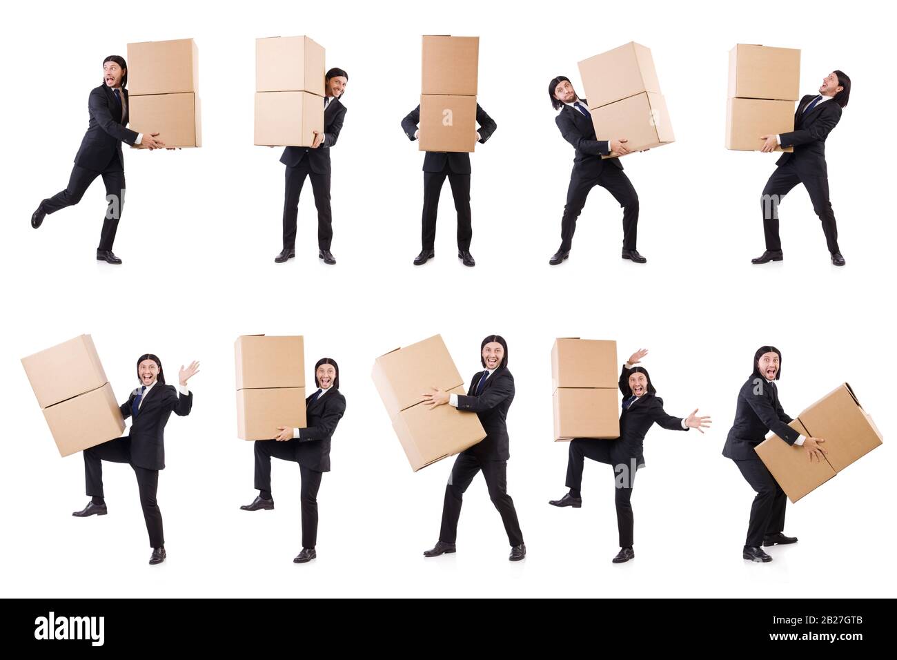 The funny man with boxes on white Stock Photo - Alamy