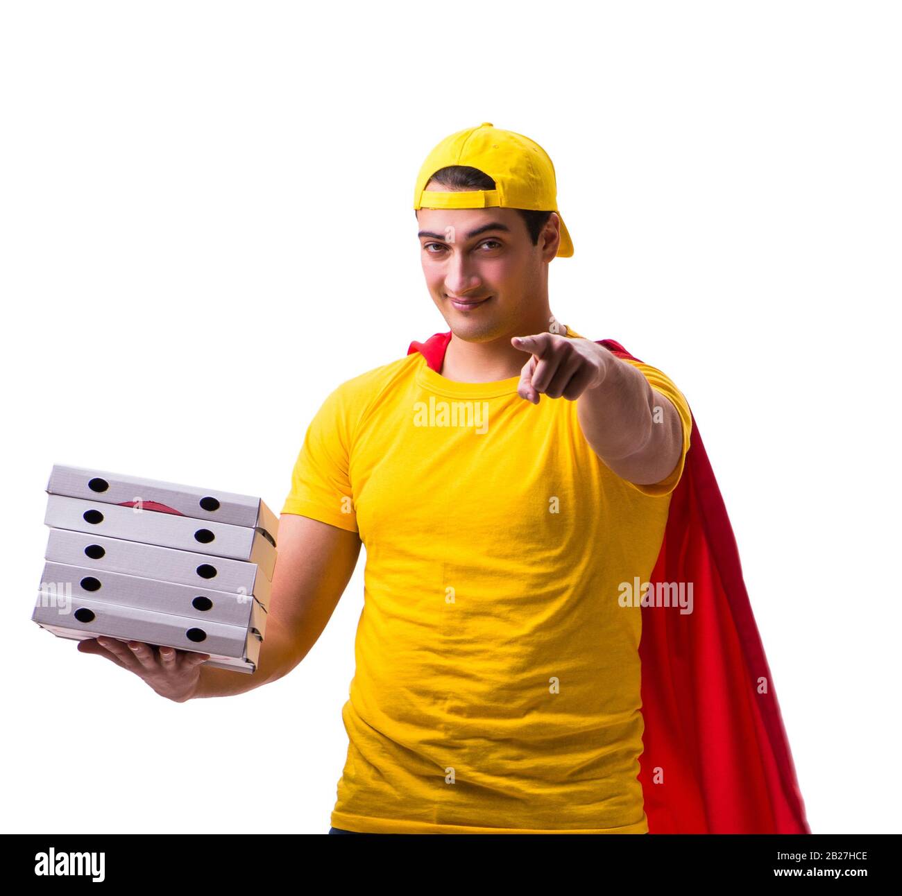 The super hero pizza delivery guy isolated on white Stock Photo - Alamy
