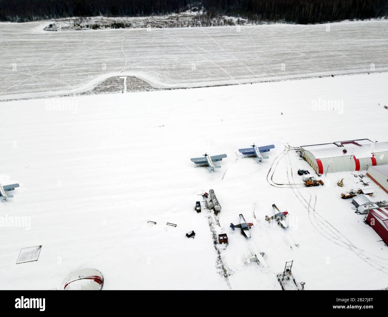 Bird eye view of an airfield with runway under snow, winter scene Stock ...