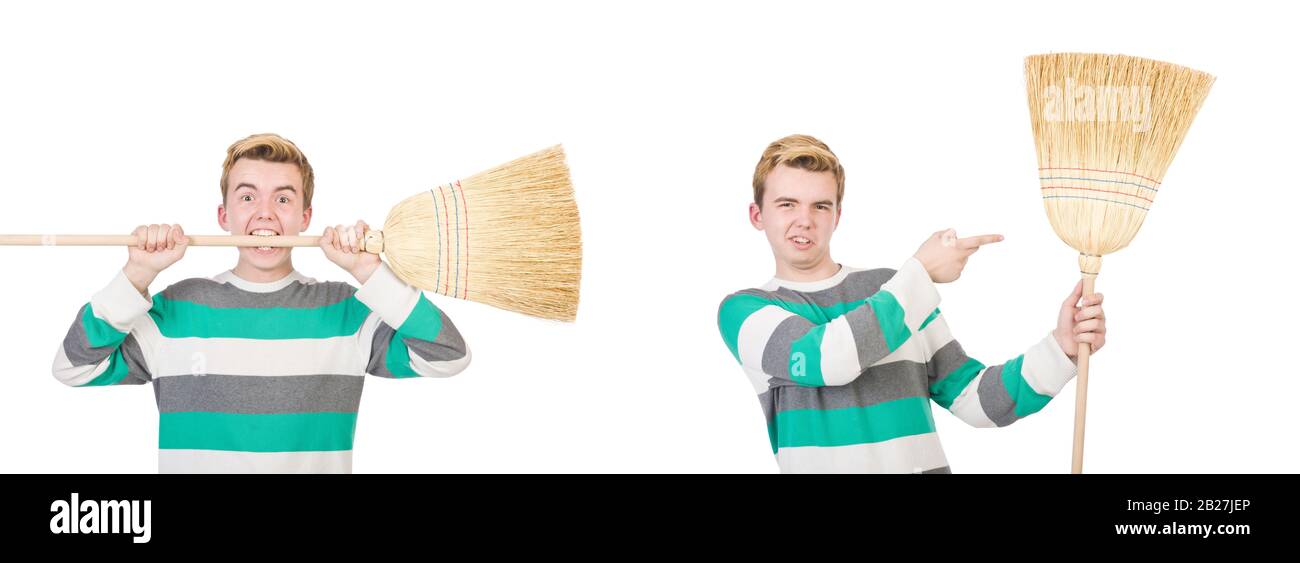 The funny man with mop isolated on white Stock Photo - Alamy
