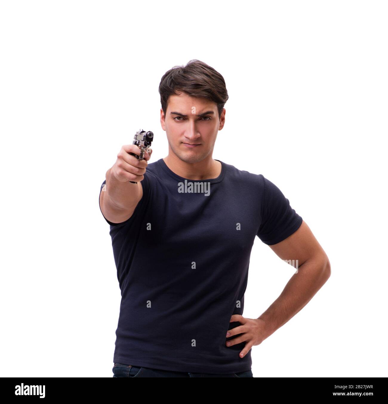 The aggressive young man with gun isolated on white Stock Photo - Alamy