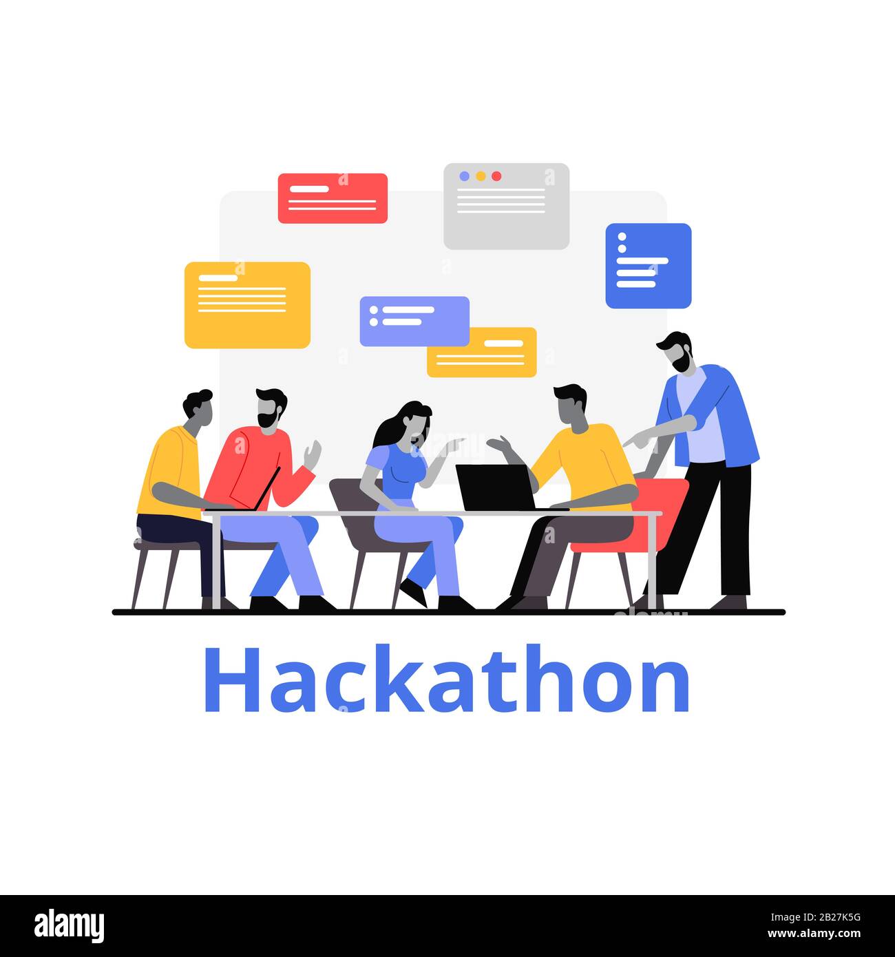 People working together hackathon vector flat illustration. Programmers work with data Stock ...