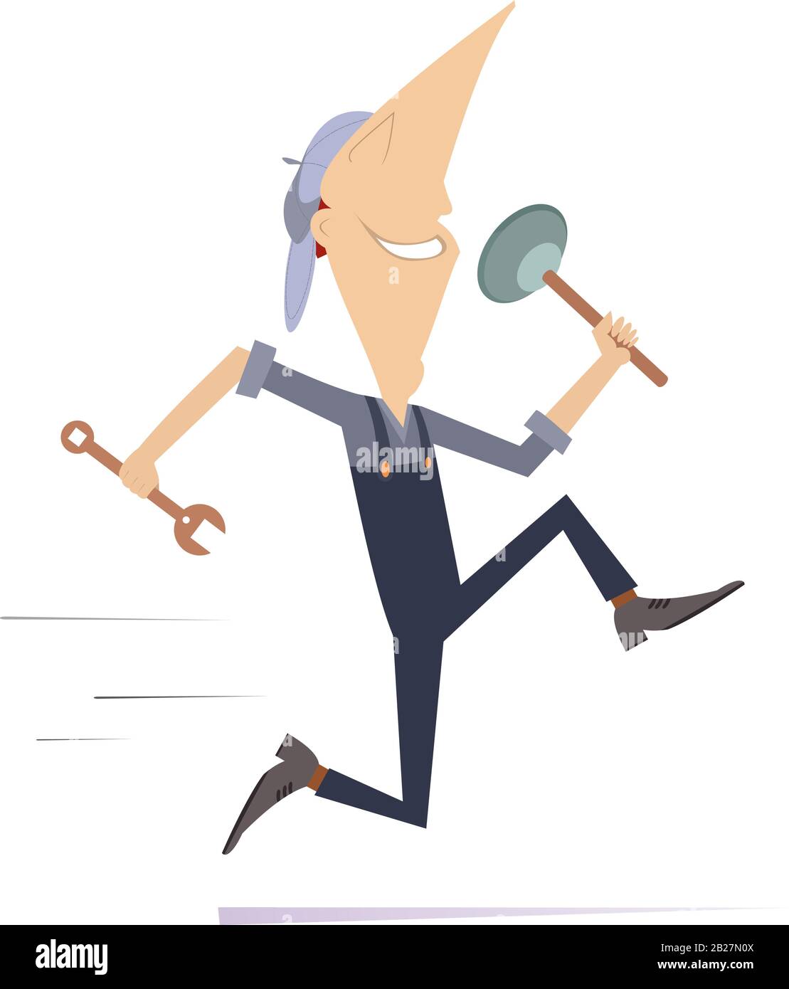 Smiling running worker with a spanner and a plunger illustration ...