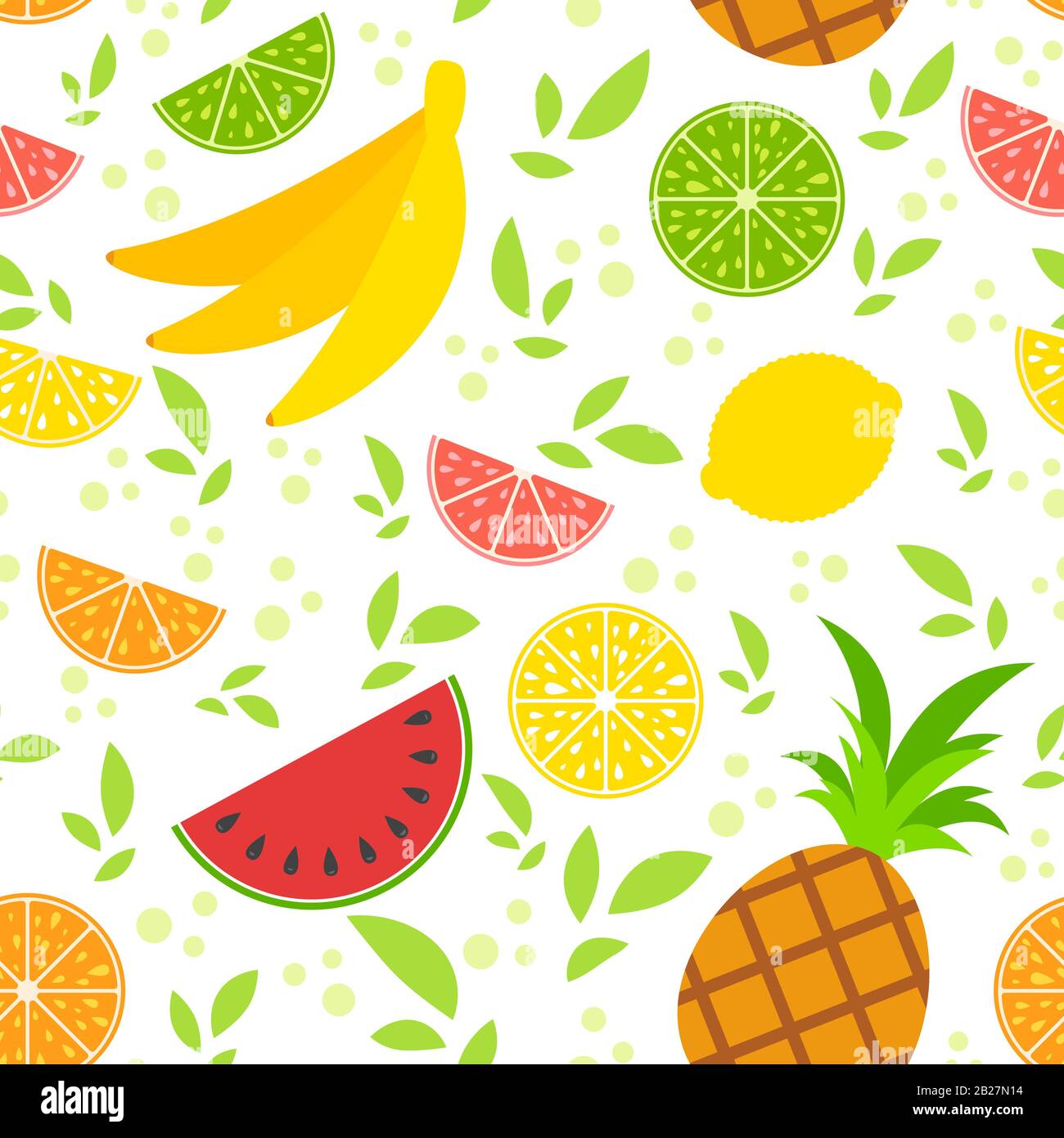 Colorful seamless pattern of appetizing tropical fruits on a white ...