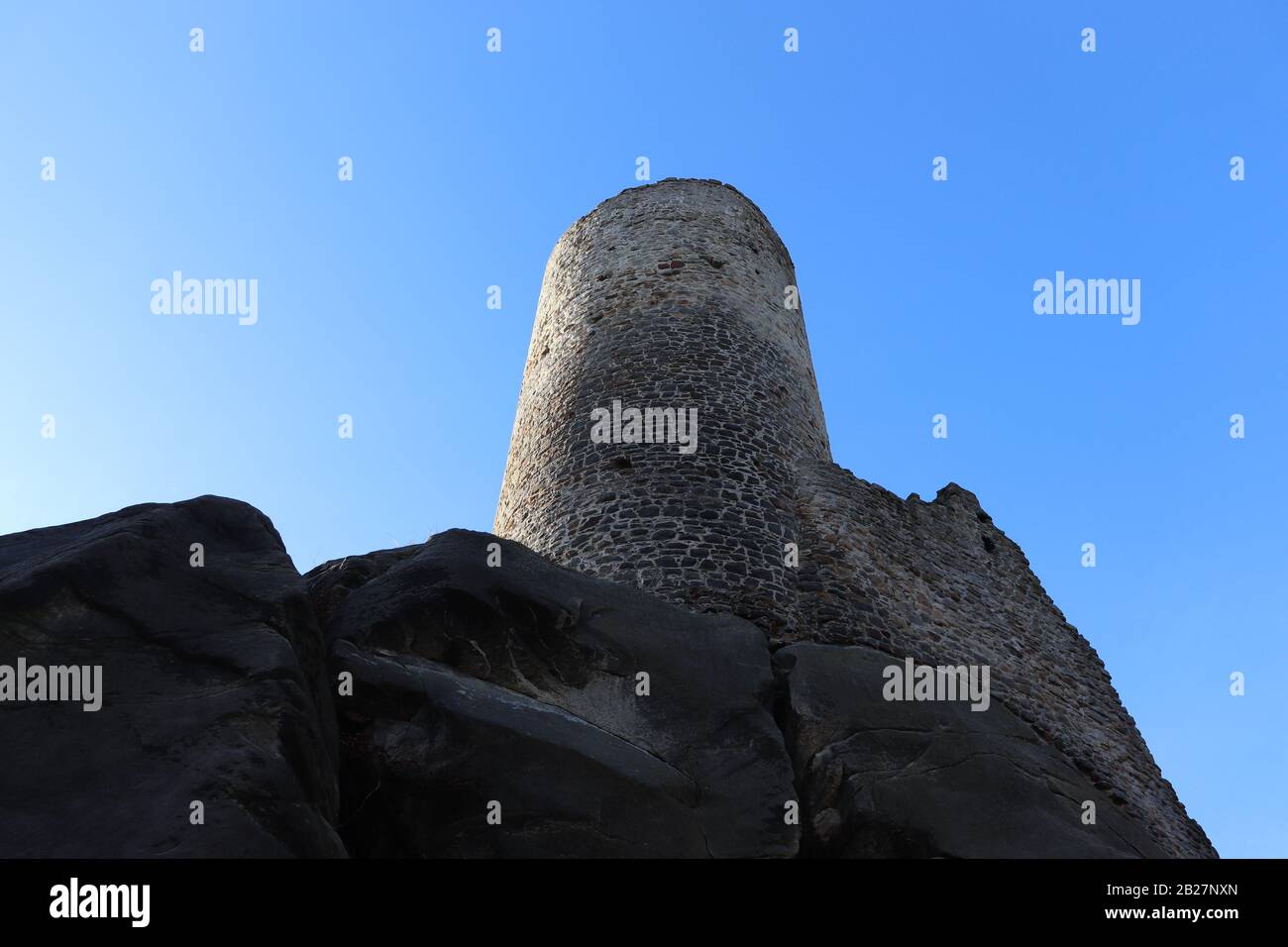 Worm's eye view of the ruins of medieval Frýdštejn castle, Czech ...