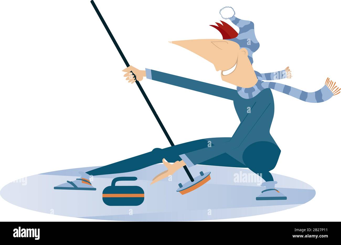 Smiling young man plays curling illustration. Man curling player with ...