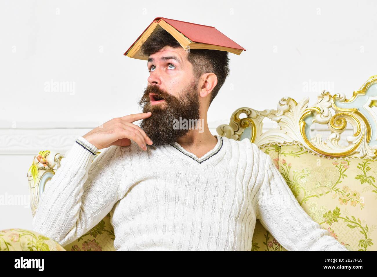 Lose mind concept. Macho sits with open book on head, like roof. Man on ...