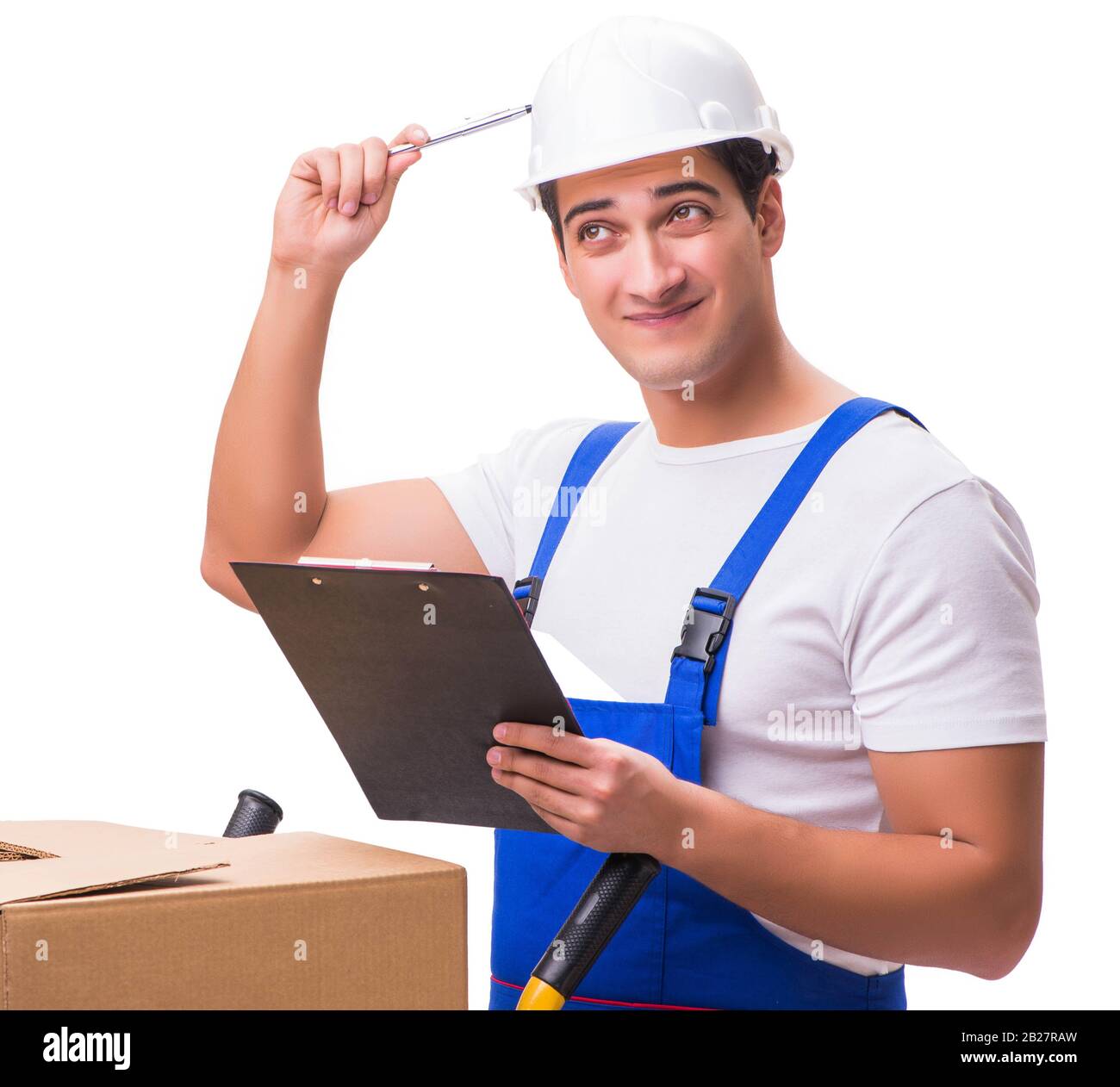 The man delivering box isolated on white Stock Photo - Alamy