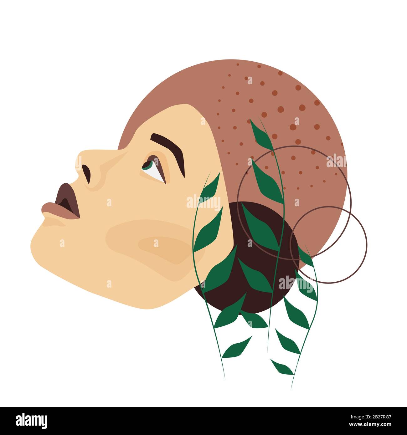 Colorful abstract woman face collage with circle shape and green plant ...
