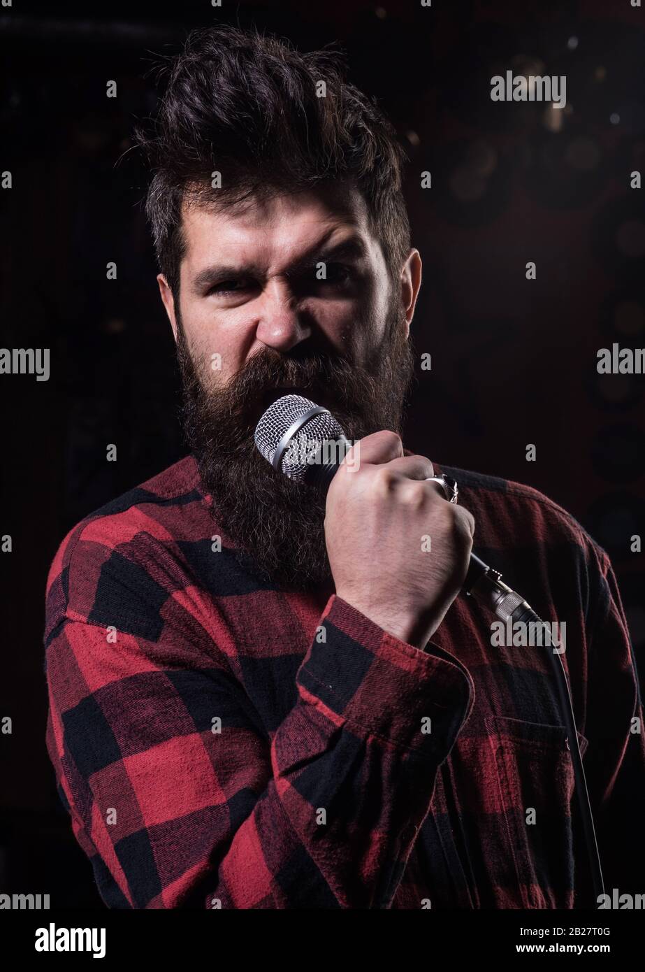 Vocalist concept. Musician, singer singing in music hall, club. Man ...