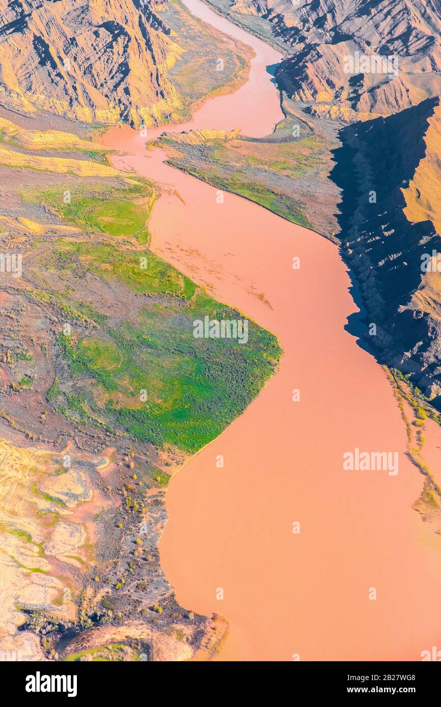 Aerial Photography of landforms over Arizona with Colorado River in ...