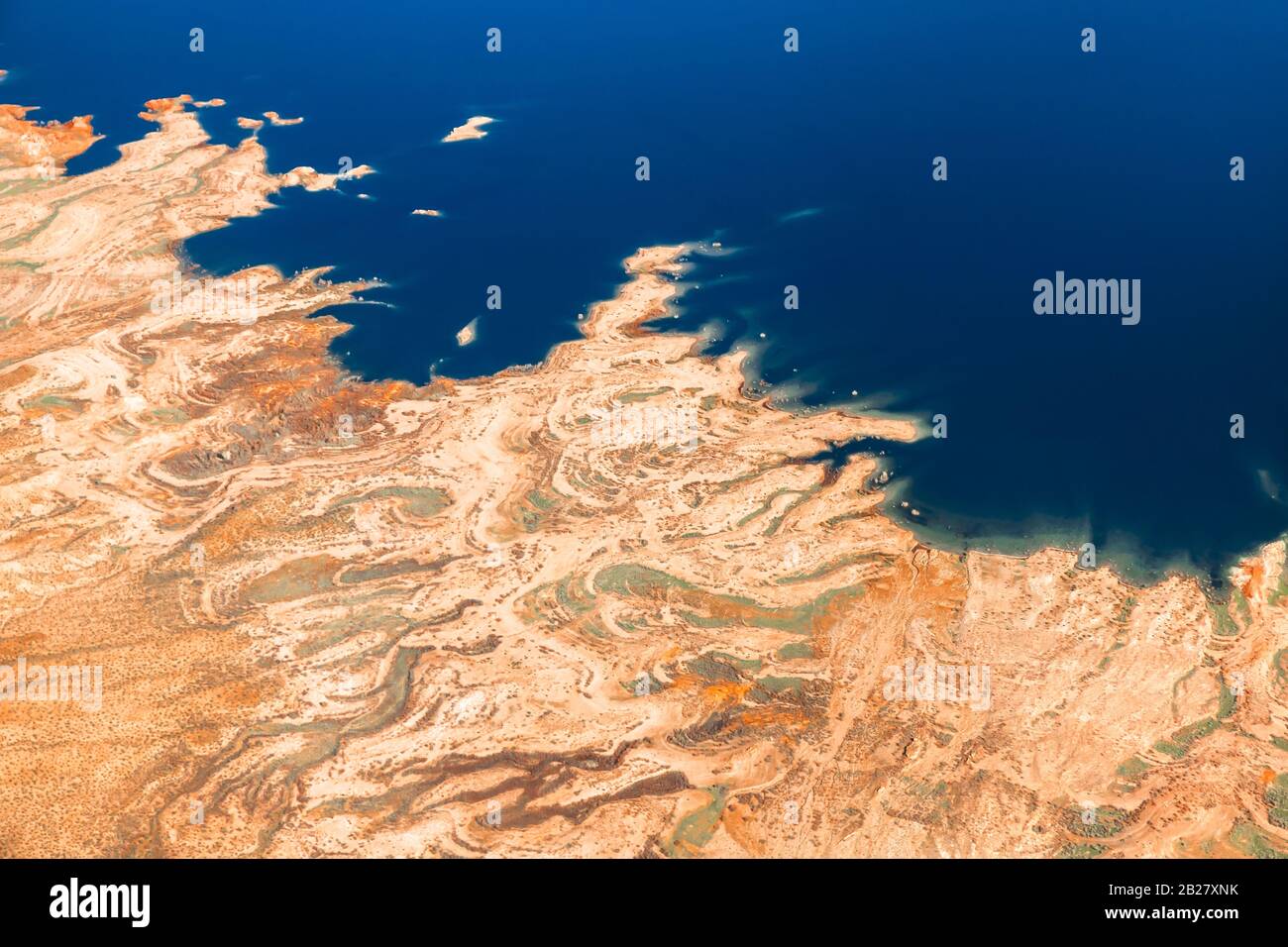 Aerial photography over Nevada with landforms and Lake Mead Stock Photo ...