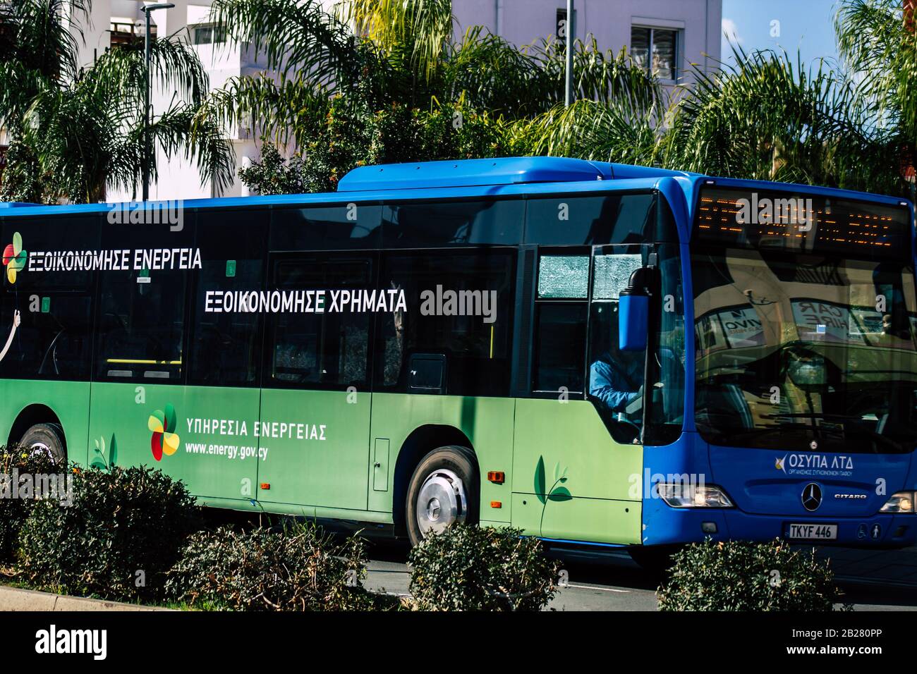 Paphos Cyprus February 29, 2020 View of a traditional public bus ...