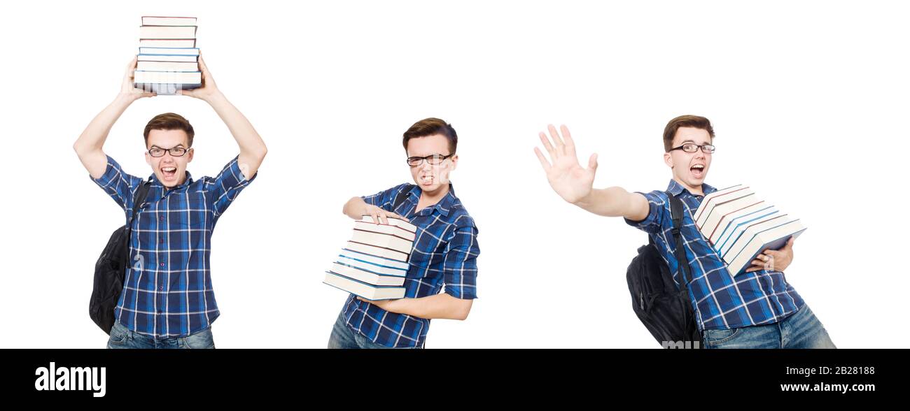 The funny student with stack of books Stock Photo - Alamy