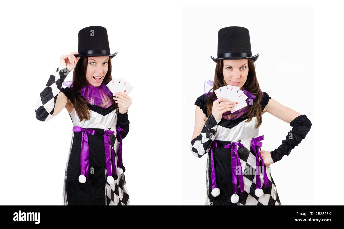 The pretty girl in jester costume with cards isolated on white Stock ...