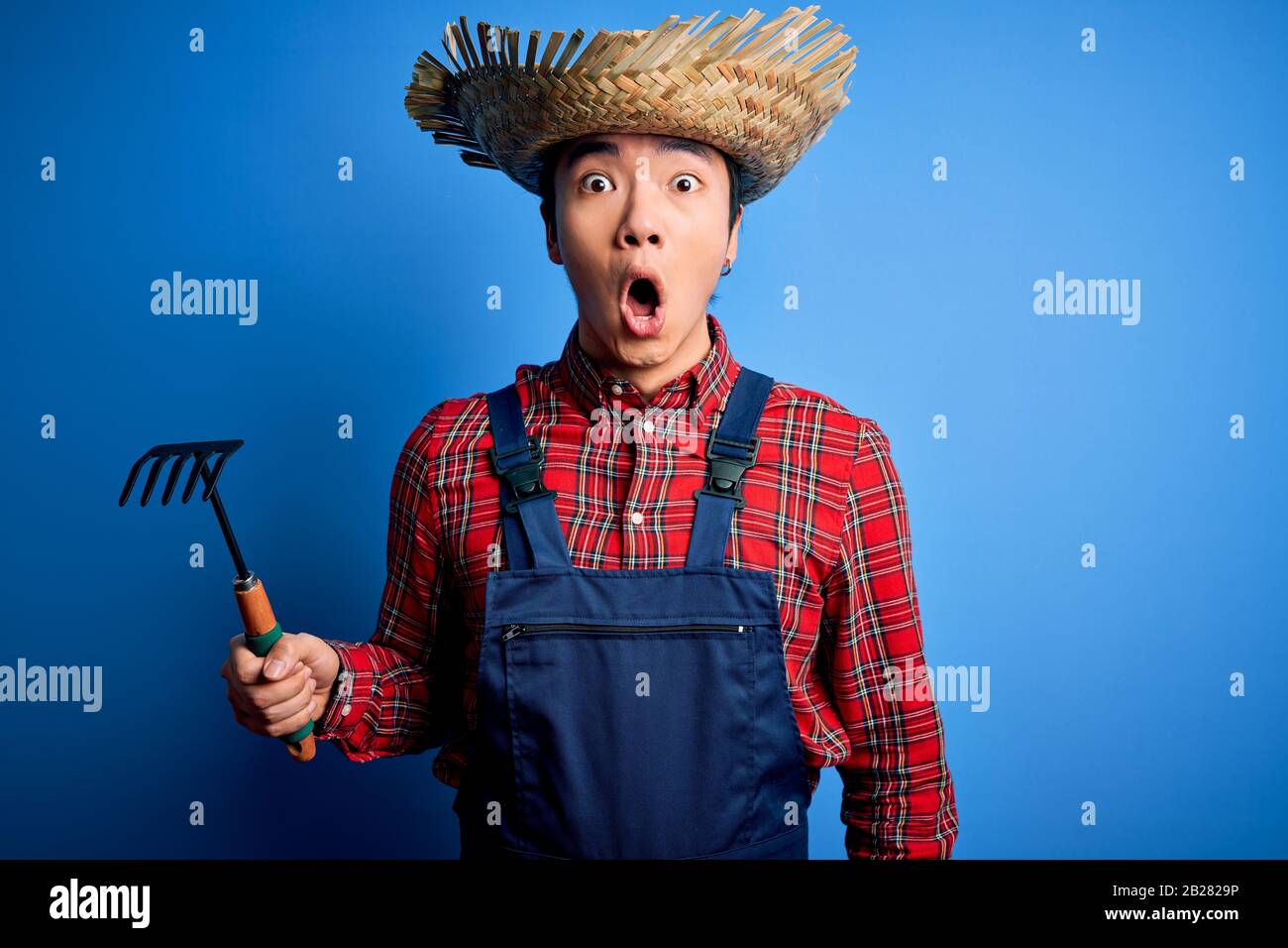 Young handsome chinese farmer man wearing apron and straw hat holding ...