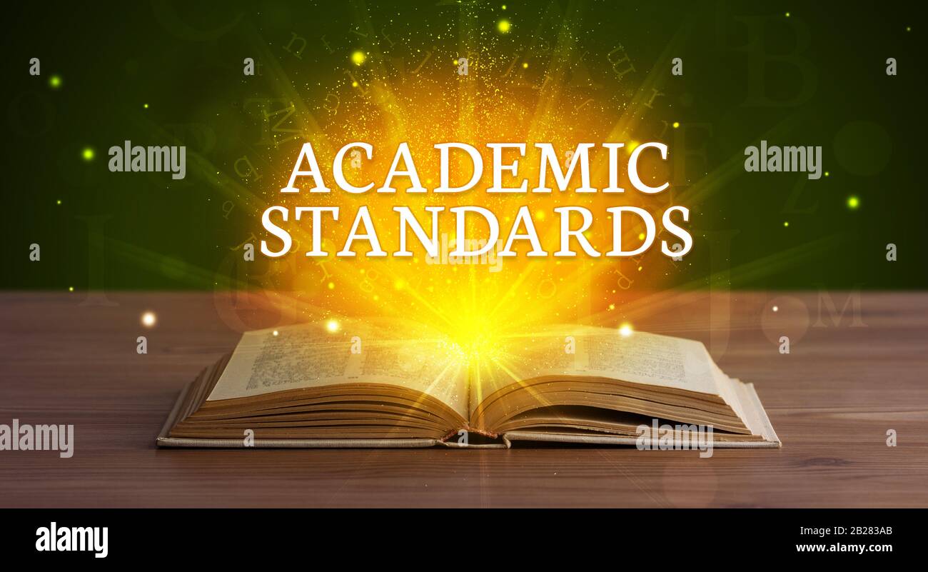 ACADEMIC STANDARDS inscription coming out from an open book ...