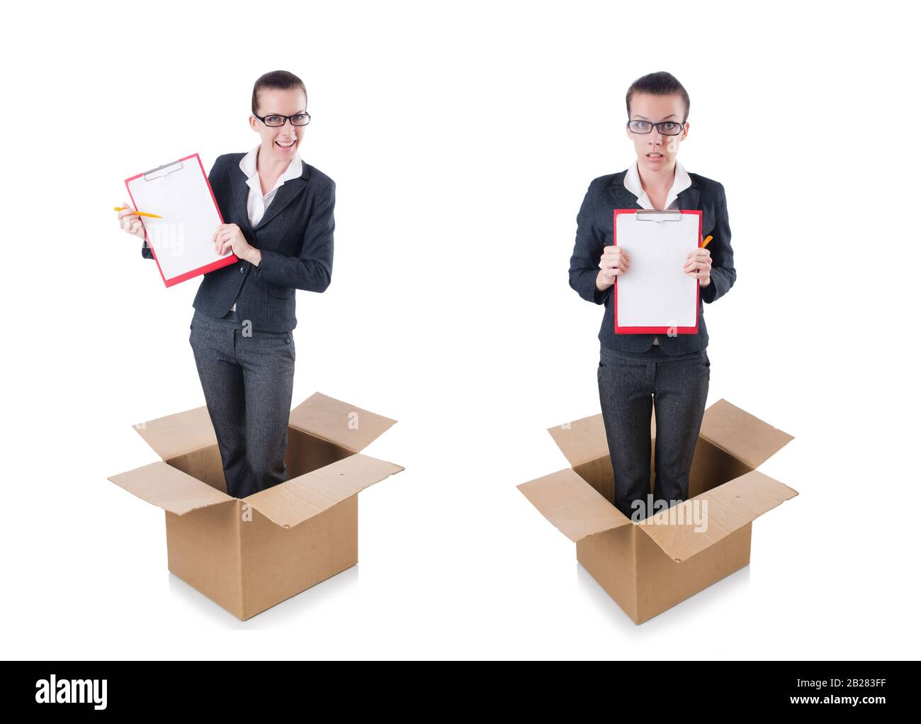 The woman with paper pad out of box Stock Photo - Alamy