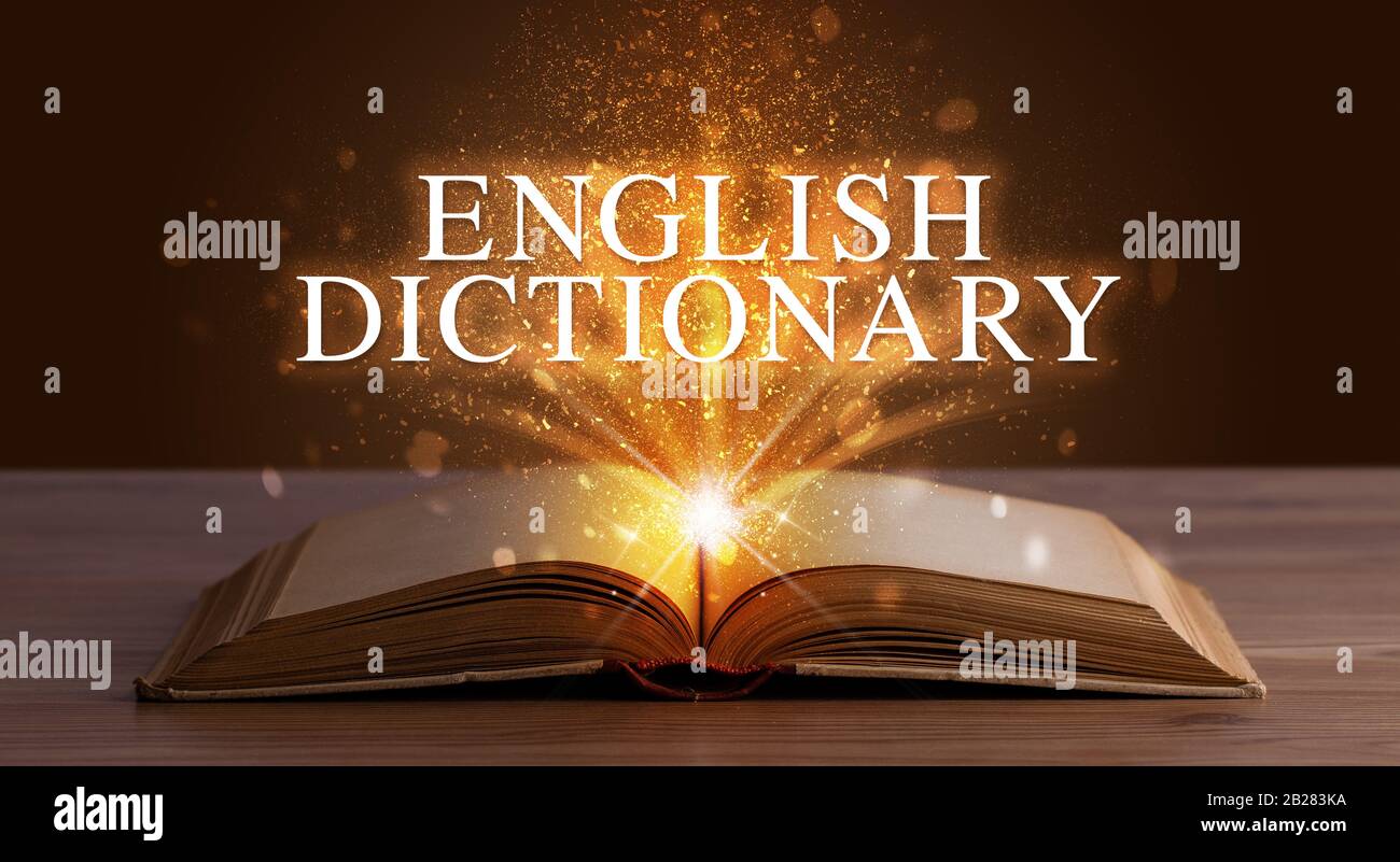 ENGLISH DICTIONARY inscription coming out from an open book ...