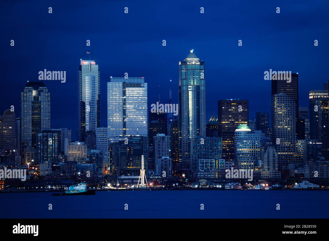 Seattle waterfront downtown buildings view at night, Washington, USA ...
