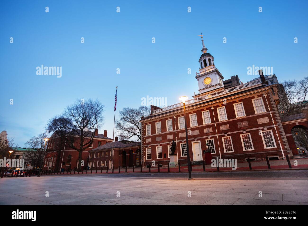Independence Square and Hall during evening dusk time in Philadelphia ...