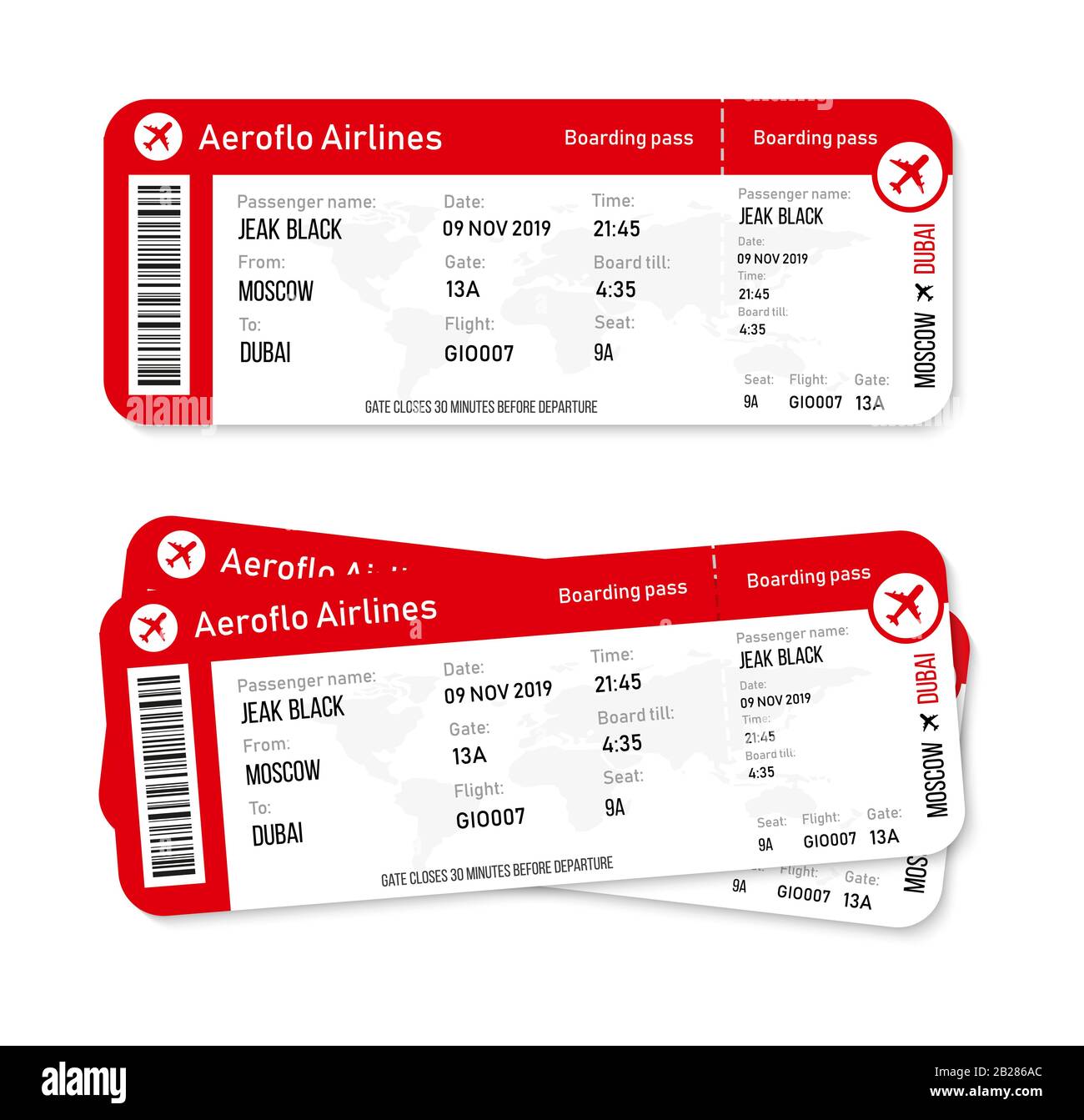 Realistic airline ticket design with passenger name. Vector ...