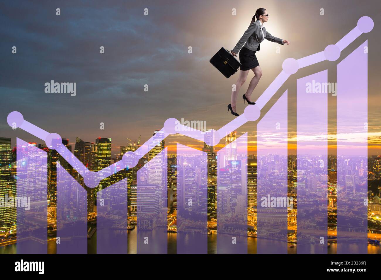 The businesswoman climbing bar charts in growth concept Stock Photo - Alamy
