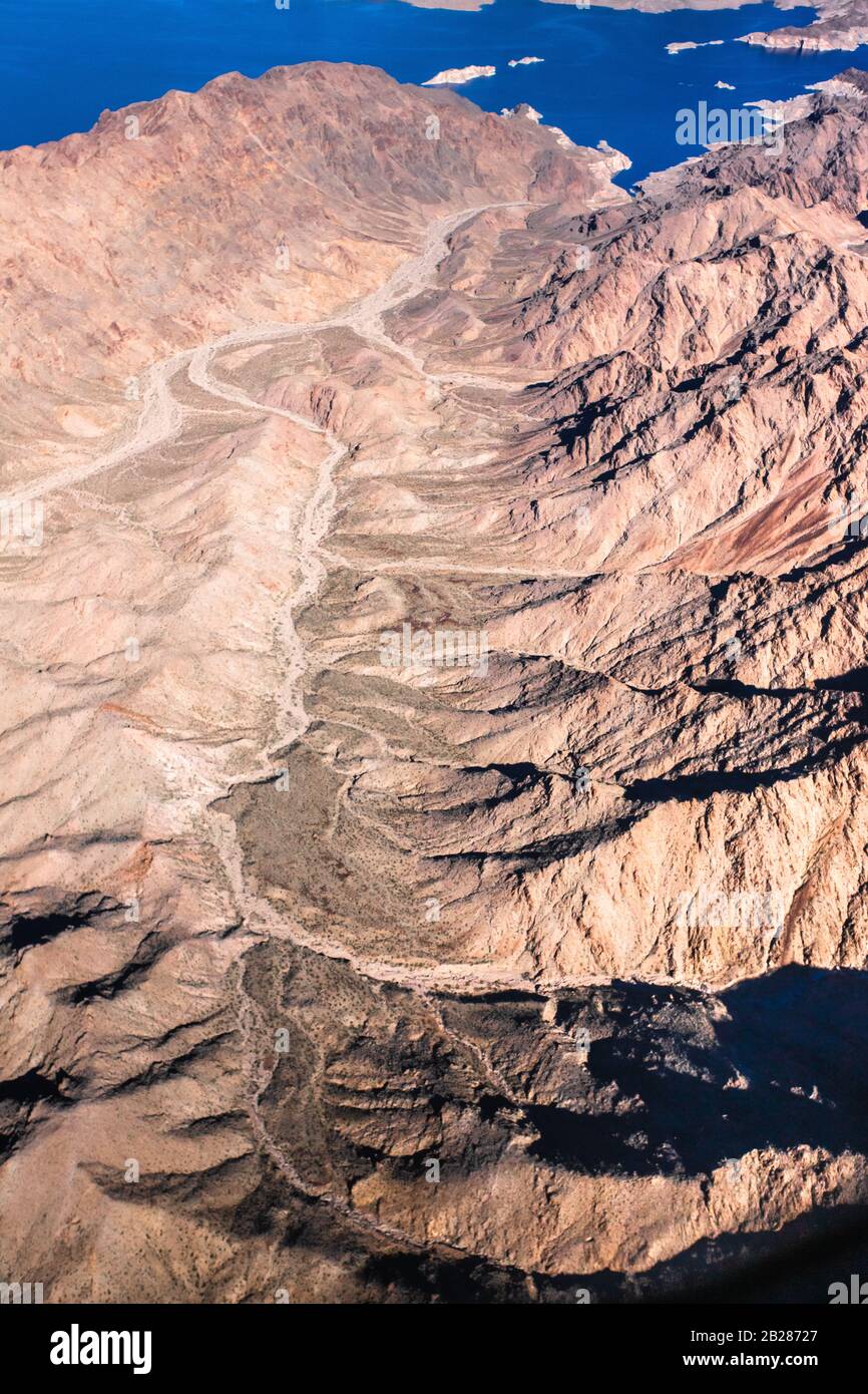 Aerial Photography of landforms over Mojave Desert in Nevada Stock ...