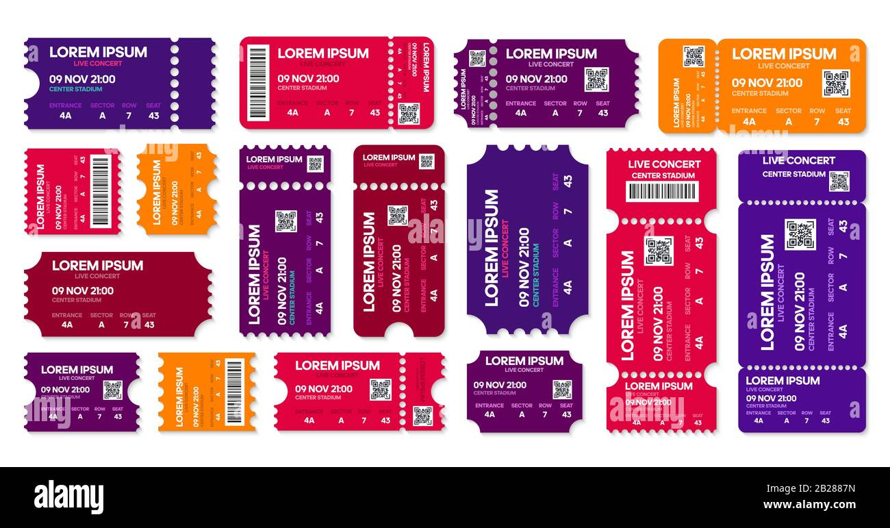 Ticket templates mockup, concert and movie ticket. Vector illustration ...