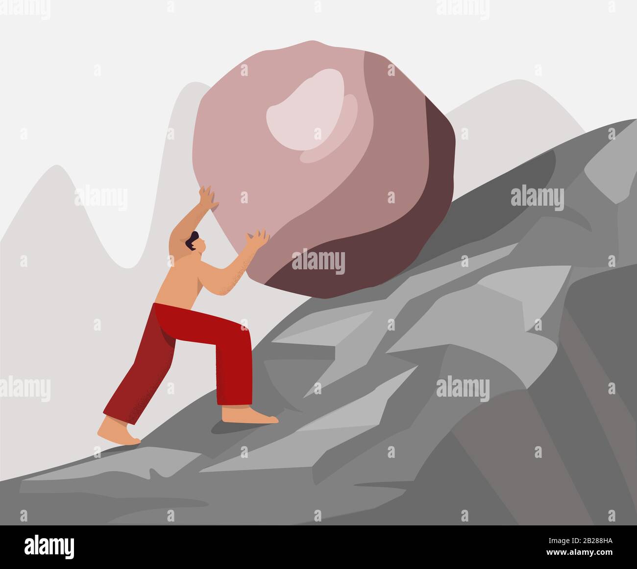 Barefoot strong guy climb up rock carry move to goal vector flat ...