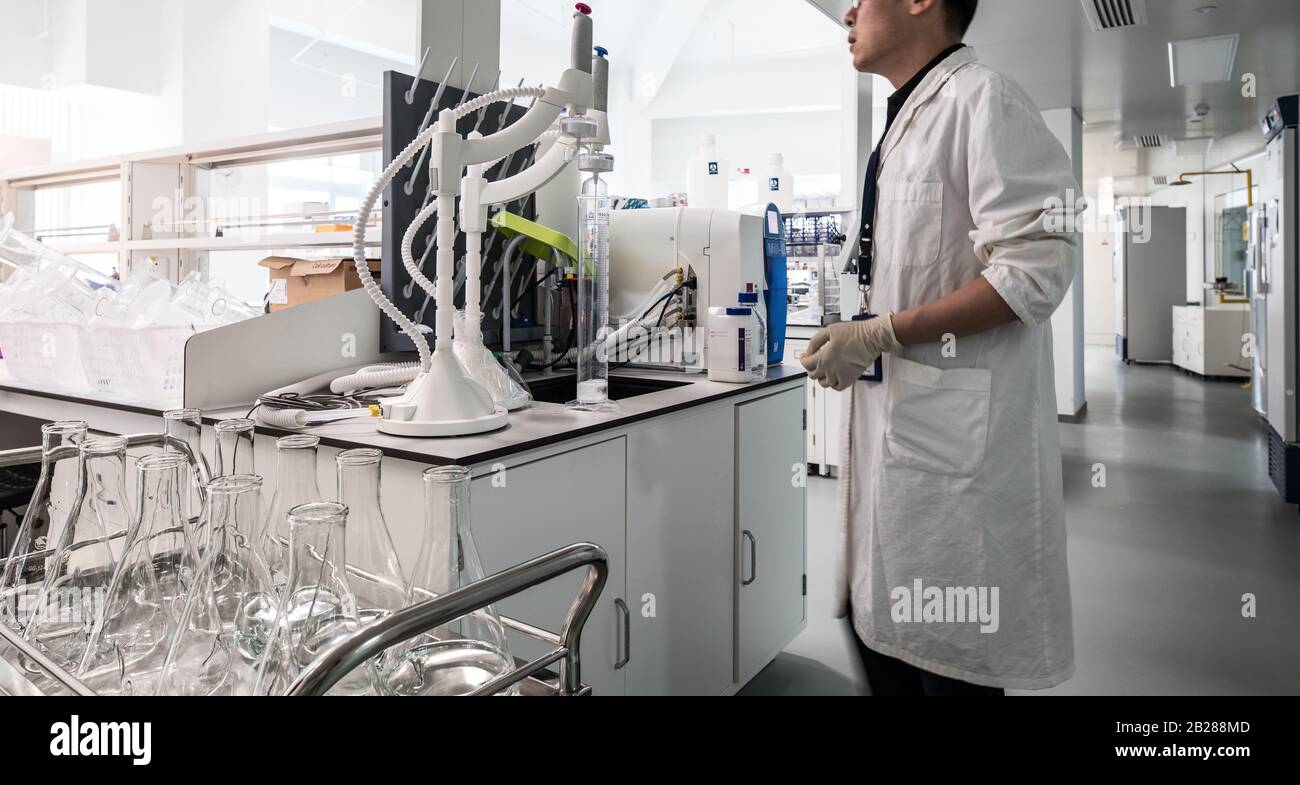 BEIJING, CHINA - JUNE 03, 2019: Modern drug manufacturing laboratory ...