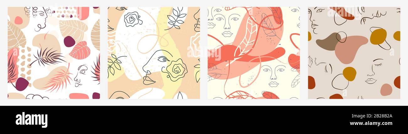 Set of different colorful abstract face and flowers seamless pattern ...