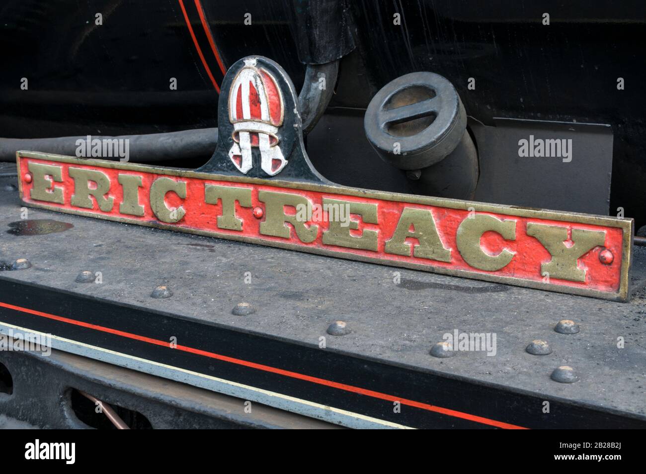 The nameplate, “Eric Treacy“ of a passenger steam train of the North ...