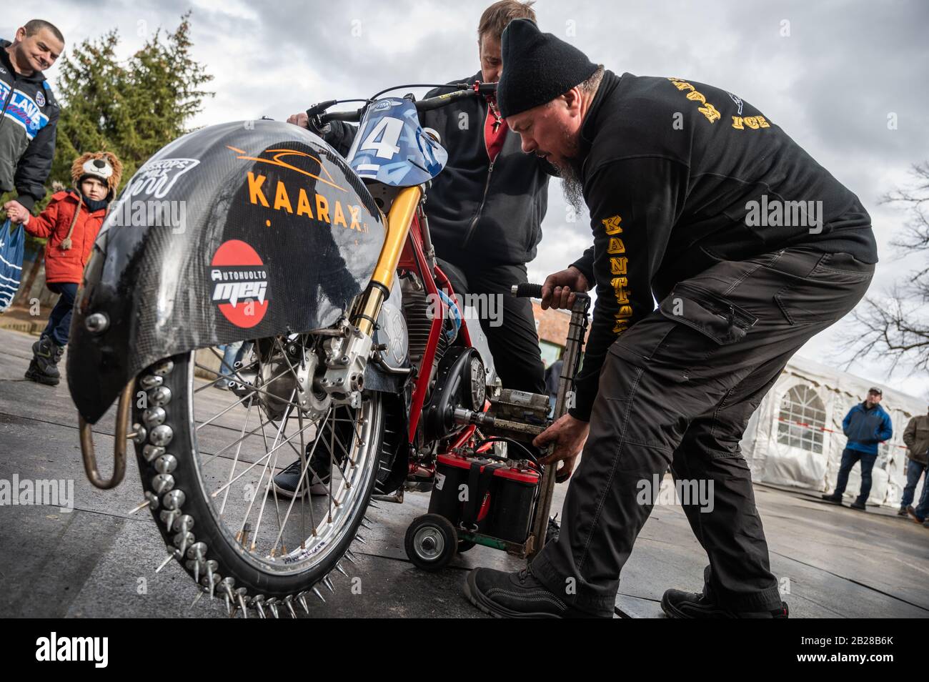 Berlin, Germany. 01st Mar, 2020. Mechanics start an ice speedway ...