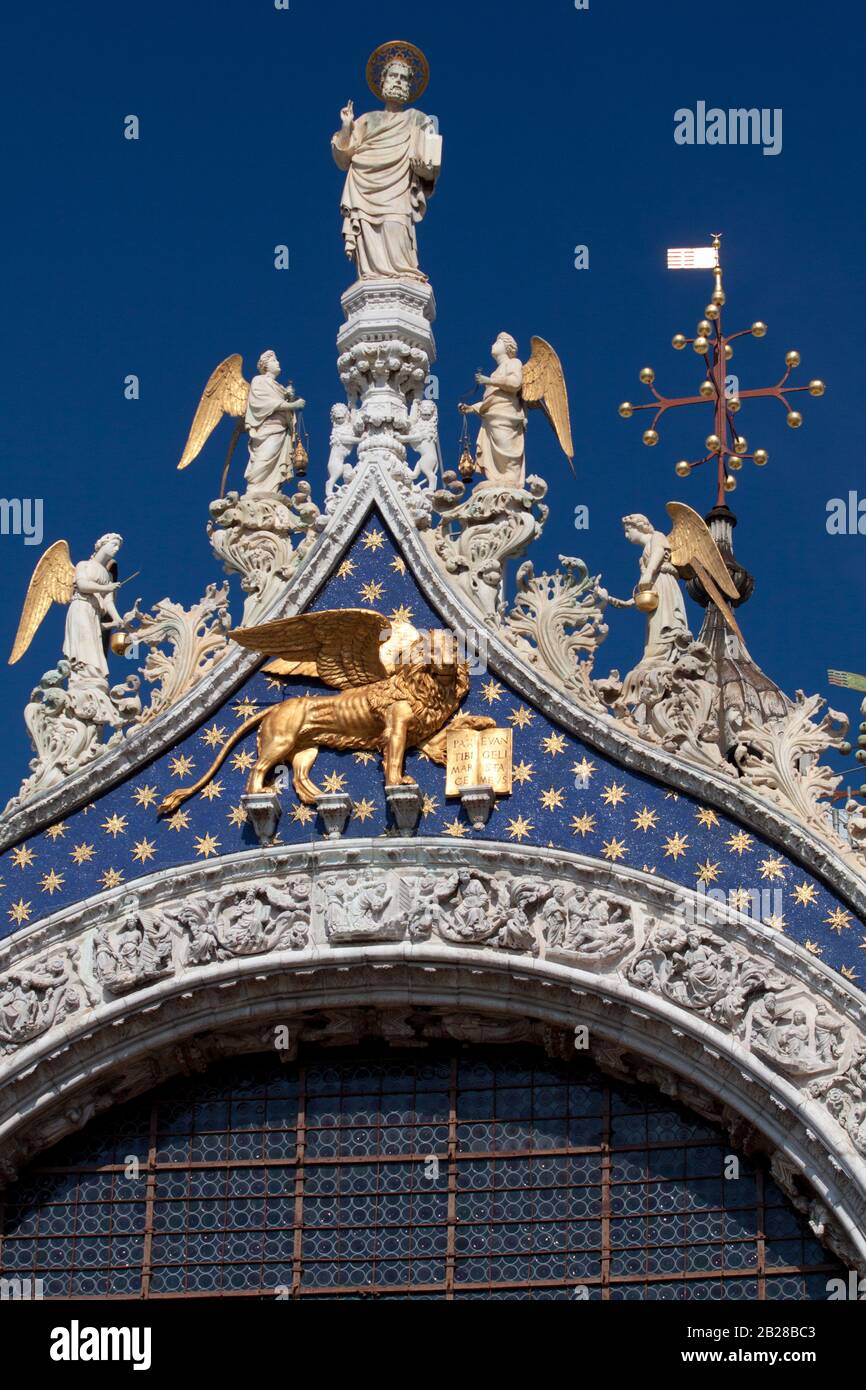 Detail of the gable with Venice's patron apostle St. Mark with angels ...