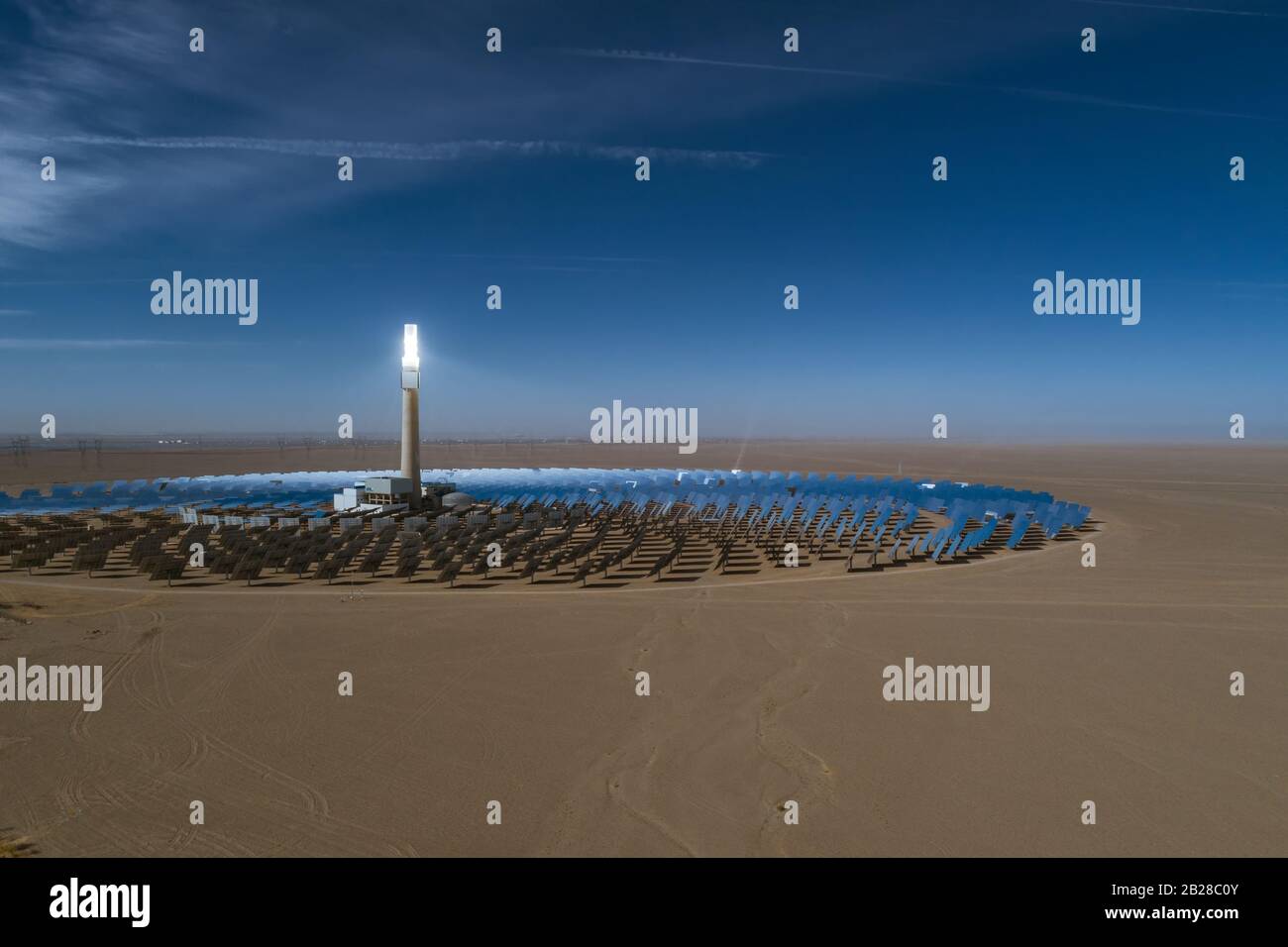 Aerial view of solar thermal plant uses mirrors that focus the sun's ...