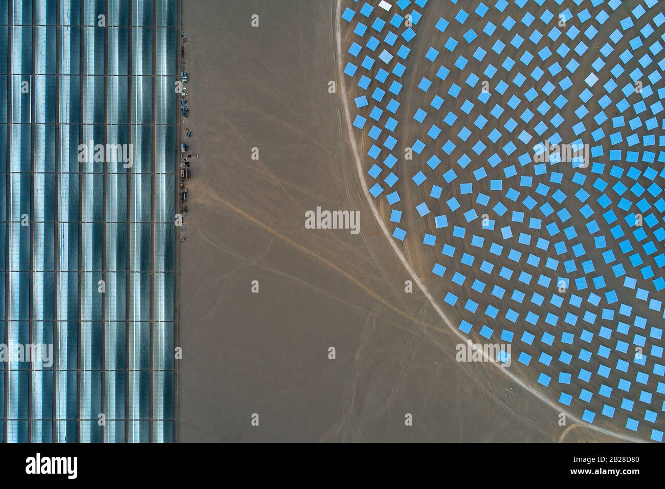 Aerial view of solar thermal plant uses mirrors that focus the sun's ...